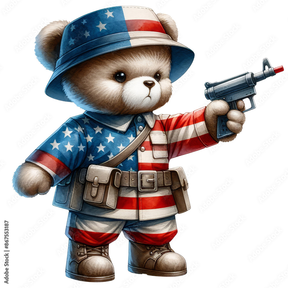 Cute USA soldier teddy bear holding a short gun toy and wearing an ...