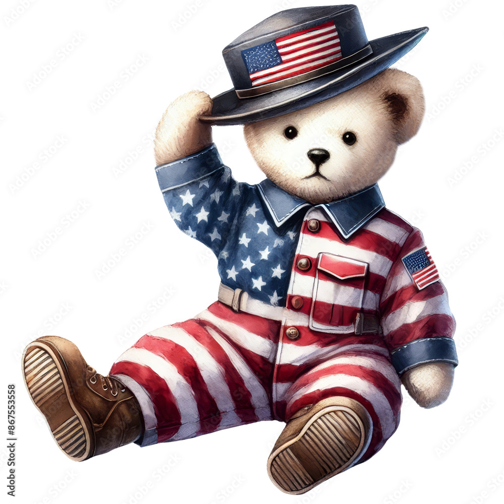 USA soldier teddy bear holding hat in an American flag uniform clipart ...