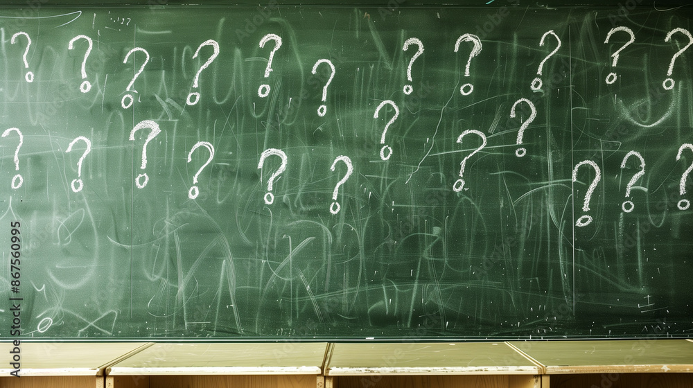 A blackboard with white chalk writing showing multiple question marks ...