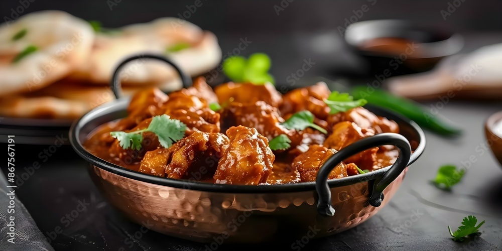 Indian butter chicken with basmati rice and garlic naan in copper kadai ...