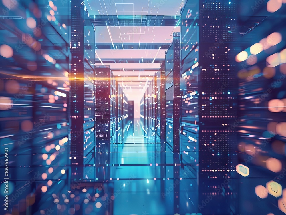 This illustration of a server room scene with neon blue lights gives an ...