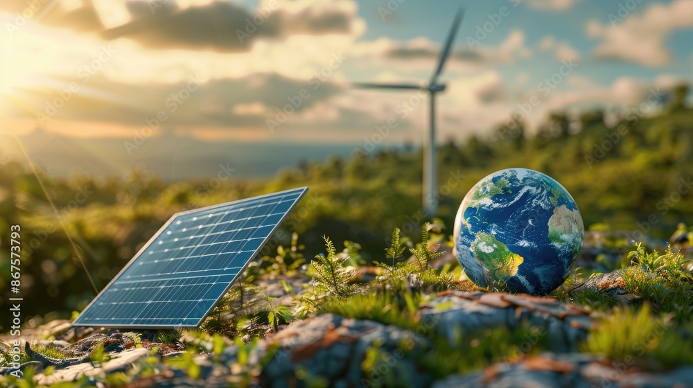 World Environment Day concept: Earth globe, solar energy panel, and ...