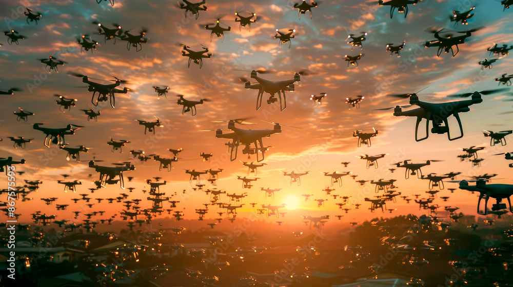 Mass of drones flying in coordination on a sunset sky background. Drone ...