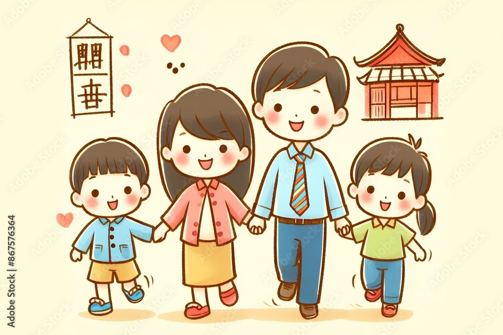 child drawing happy Asian family white background son daughter mother ...