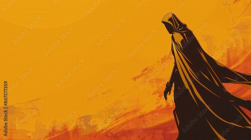 Silhouette of an old woman with a long cloak and a menacing stance, pop ...