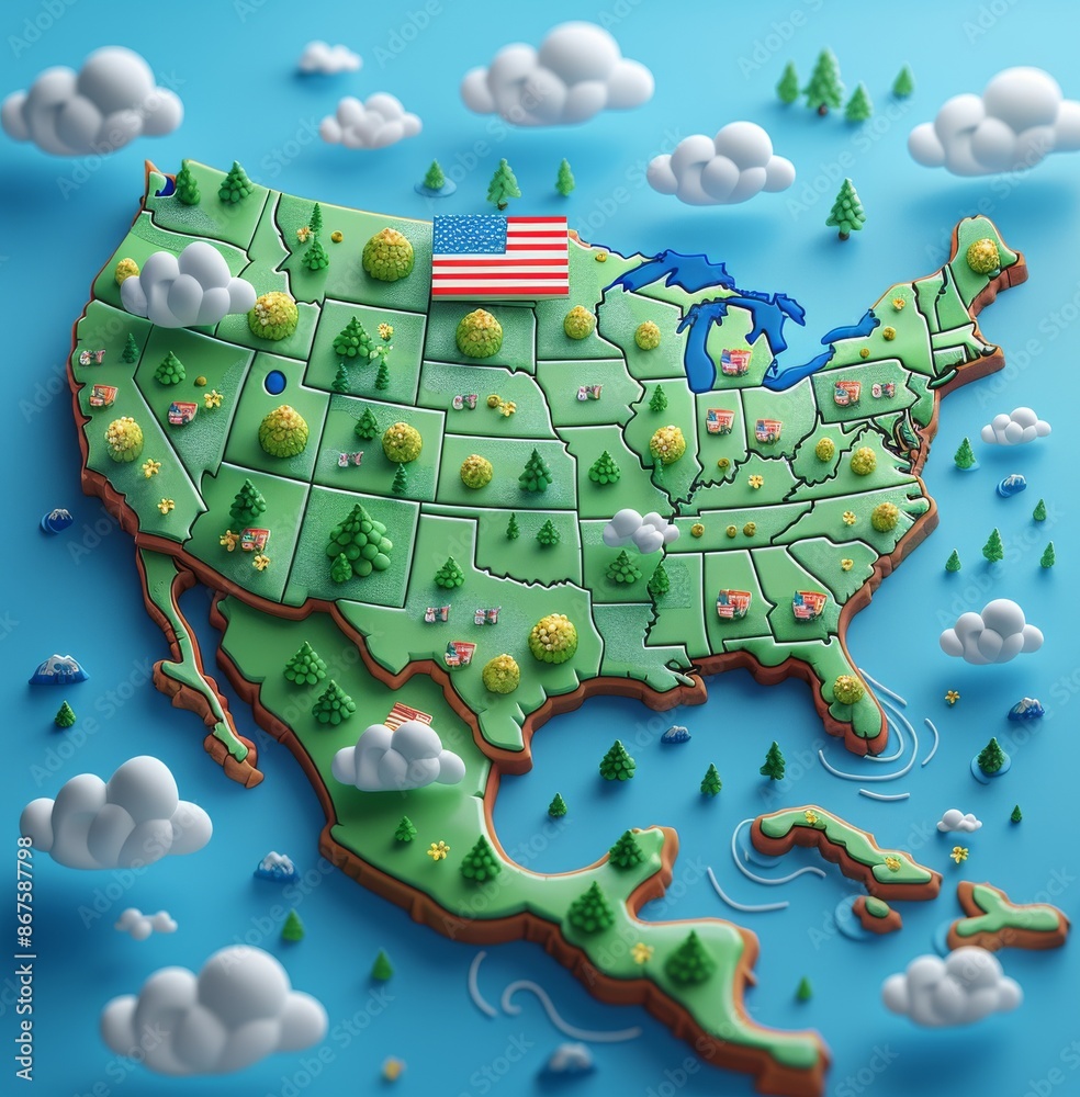 3D illustration of North America map featuring the Statue of Liberty ...