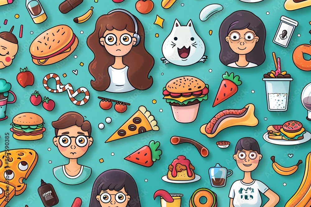 Seamless pattern of cartoon food items and characters on a turquoise ...