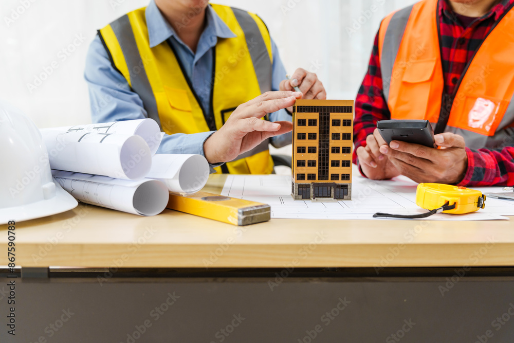 Two men, including a male Asian construction contractor engineer ...