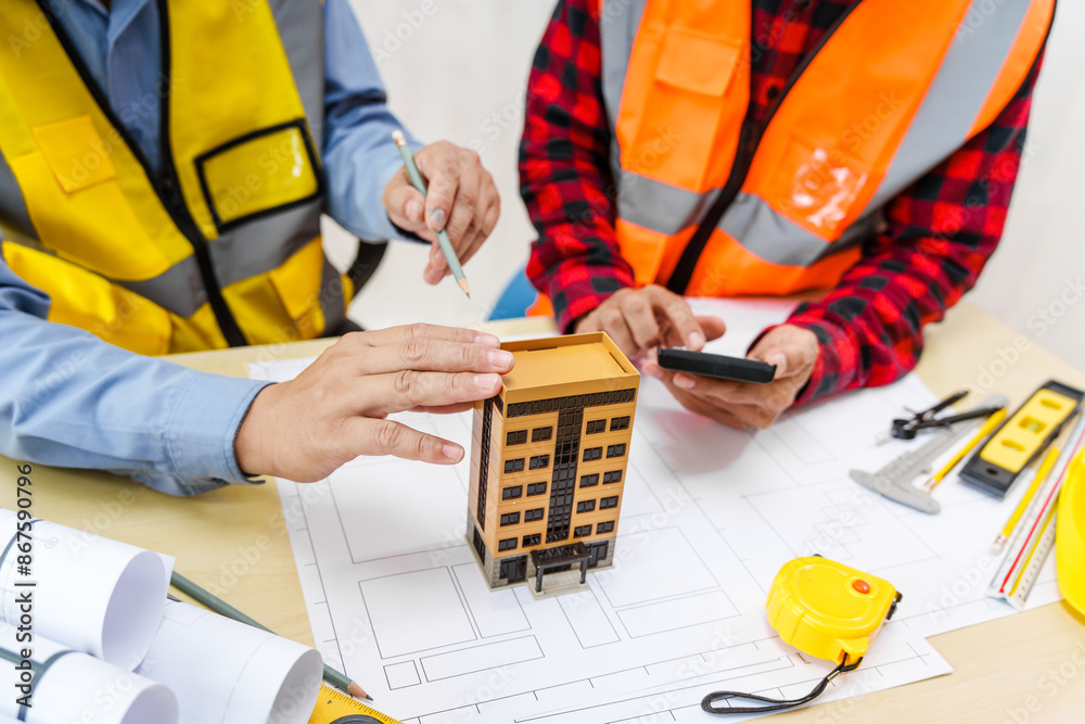 Two men, including a male Asian construction contractor engineer ...