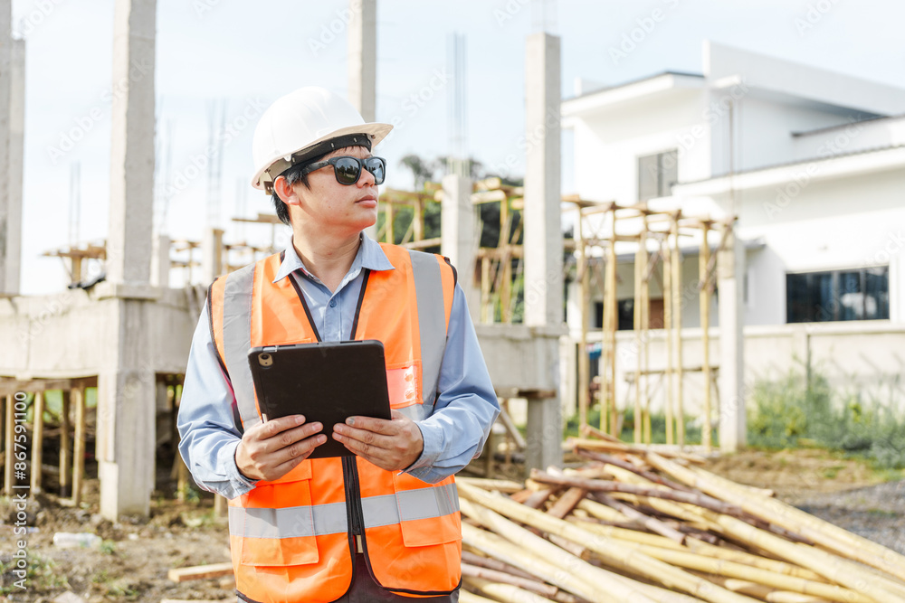 Male Asian construction contractor engineer checks structural plans ...