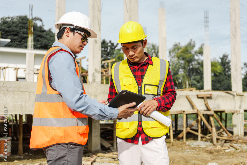 Two male construction workers, including an Asian engineer ...