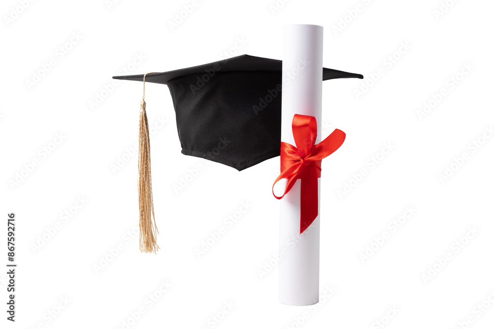 Graduation cap and diploma on white background, high school diploma ...