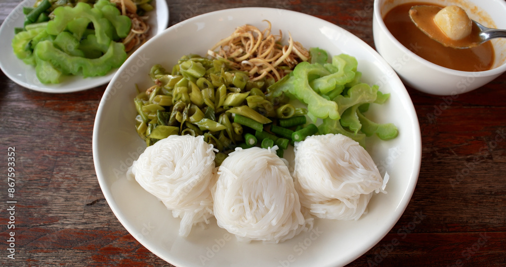 Thai rice flour noodles or lightly fermented rice noodles with fish ...