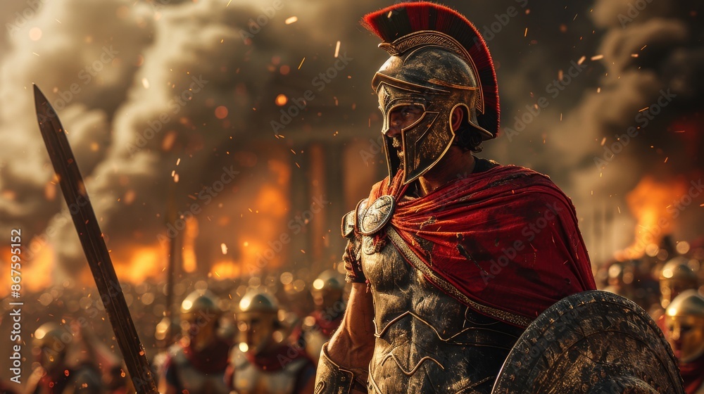 Ancient Greek warrior in armor with helmet and red cape, a battle scene ...