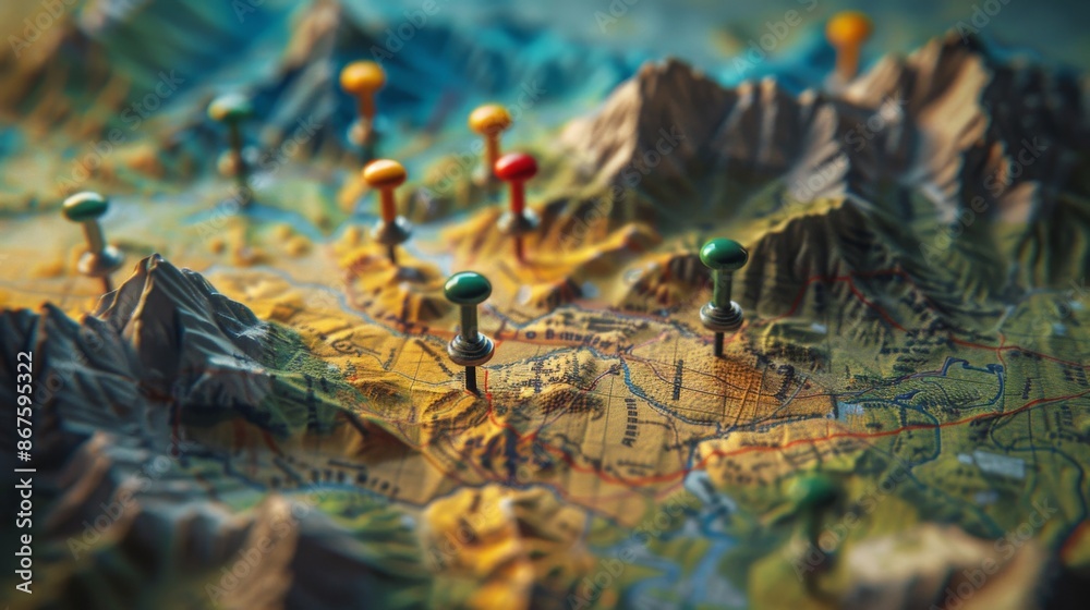 A vivid 3D map depicted with push pins indicating various important ...