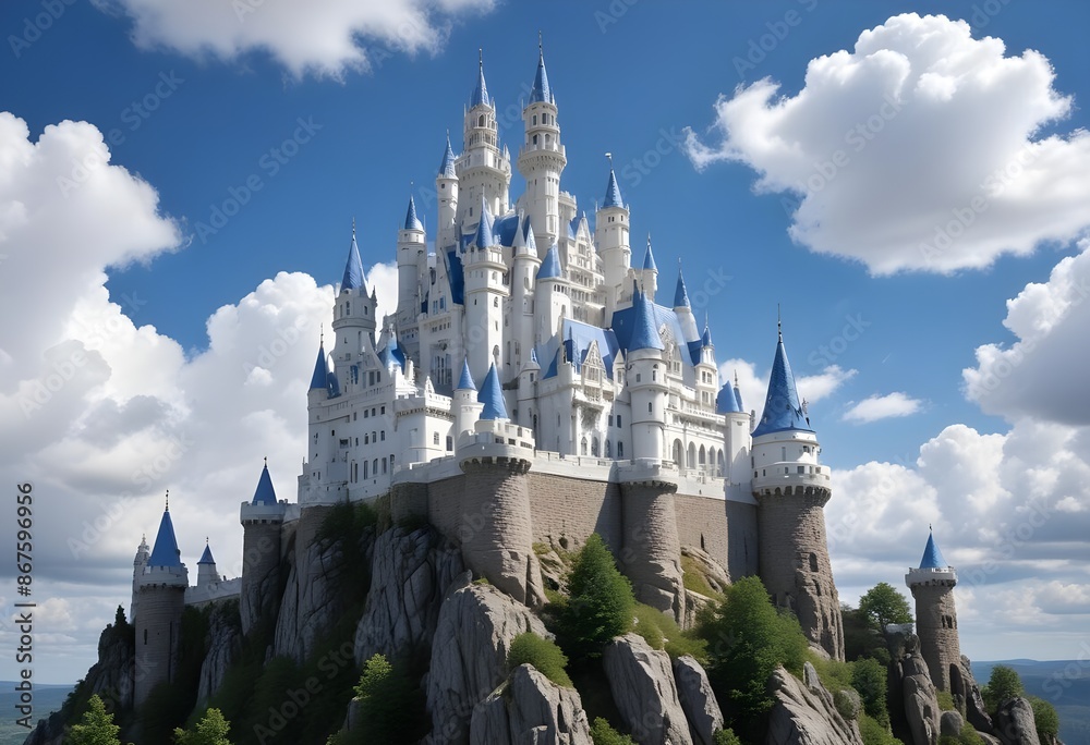 Fairy tales high fantasy castle on a impegnetrable rock cliff, white ...