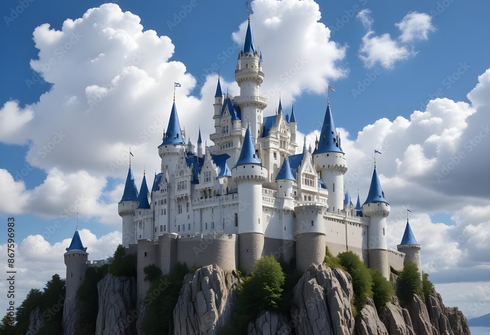 Fairy tales high fantasy castle on a impegnetrable rock cliff, white ...