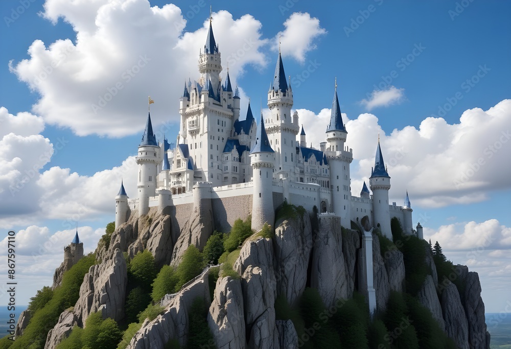 Fairy tales high fantasy castle on a impegnetrable rock cliff, white ...