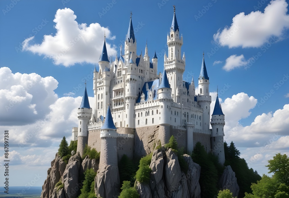 Fairy tales high fantasy castle on a impegnetrable rock cliff, white ...