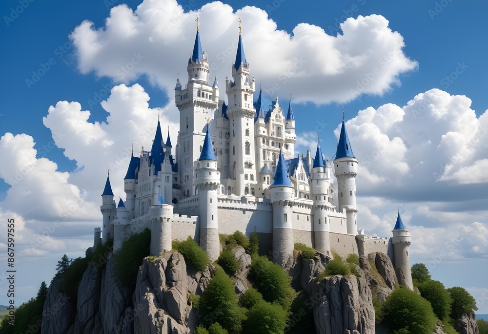 Fairy tales high fantasy castle on a impegnetrable rock cliff, white ...
