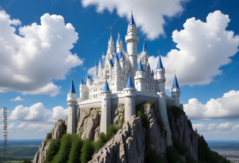 Fairy tales high fantasy castle on a impegnetrable rock cliff, white walls, blue roofs pointy ...