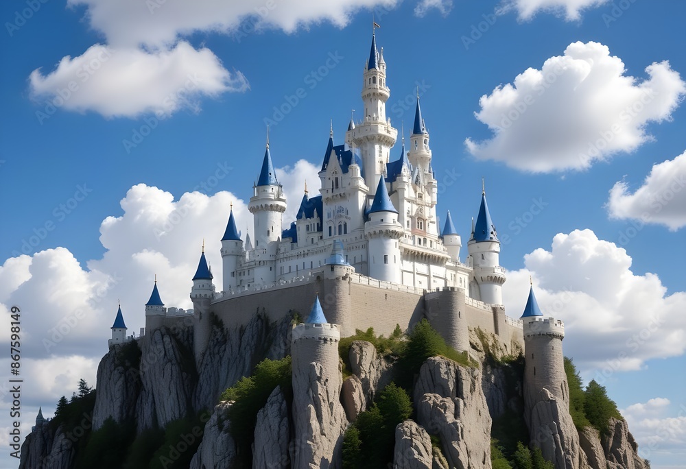 Fairy tales high fantasy castle on a impegnetrable rock cliff, white ...