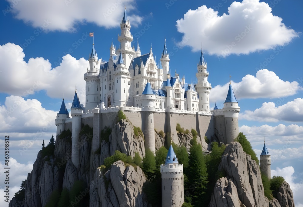 Fairy tales high fantasy castle on a impegnetrable rock cliff, white ...