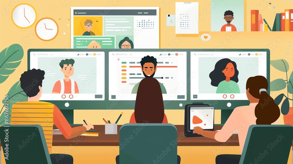 A diverse team of professionals working together on a video call ...