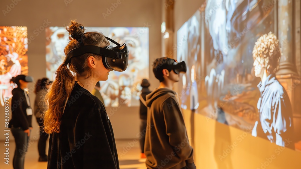 People wearing VR headsets experience art in a virtual museum gallery ...