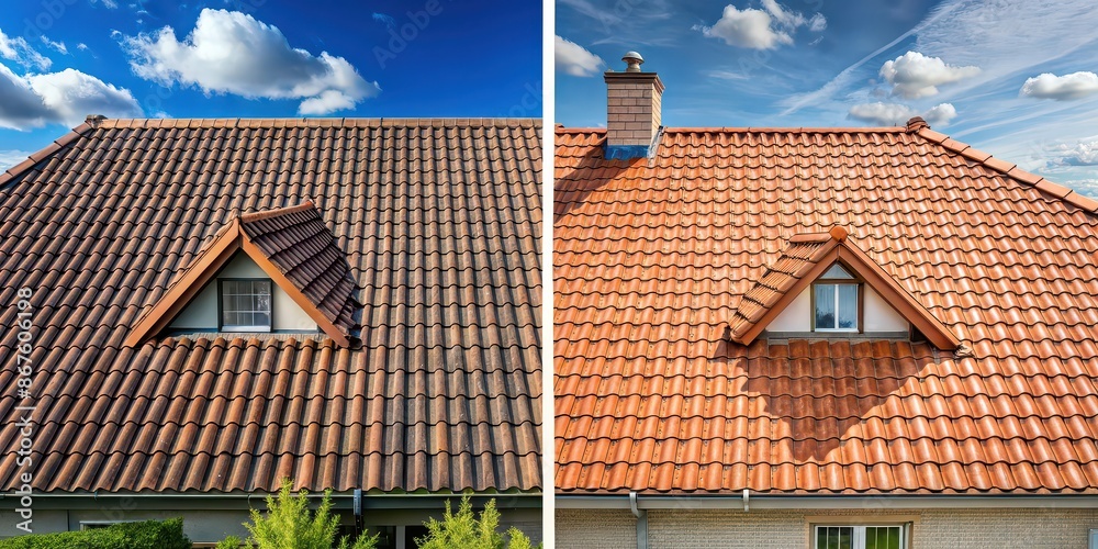 Half cleaned house roof showing before and after effect of roof ...