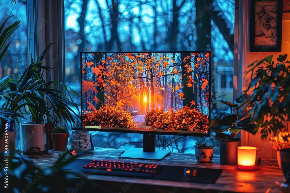 Home Office Computer Powering Up Computer screen turning on in a home ...