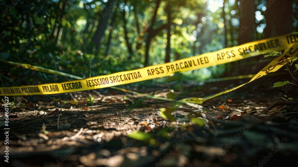 Police taped off the crime scene to investigate in the forest along ...