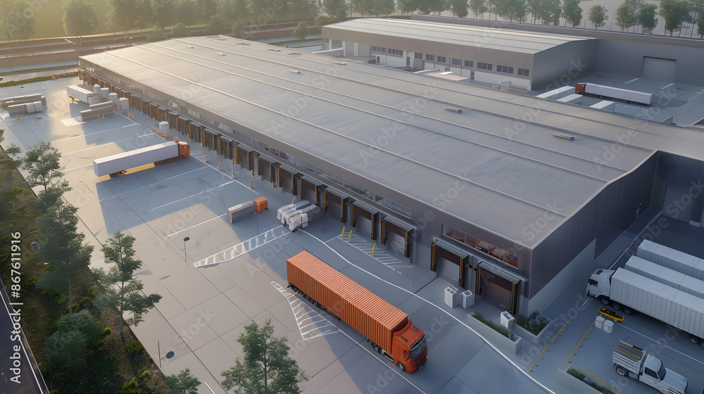 Modern logistics hub with a spacious transport warehouse and multiple ...