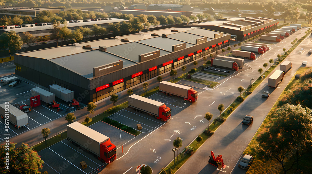 Modern logistics hub with a spacious transport warehouse and multiple ...