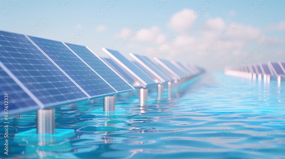 Floating solar panels on water with a clear sky, showcasing renewable ...