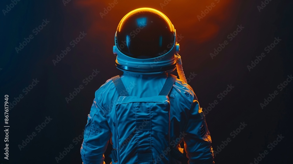 Back view of unidentified male cosmonaut in white space suit and helmet ...