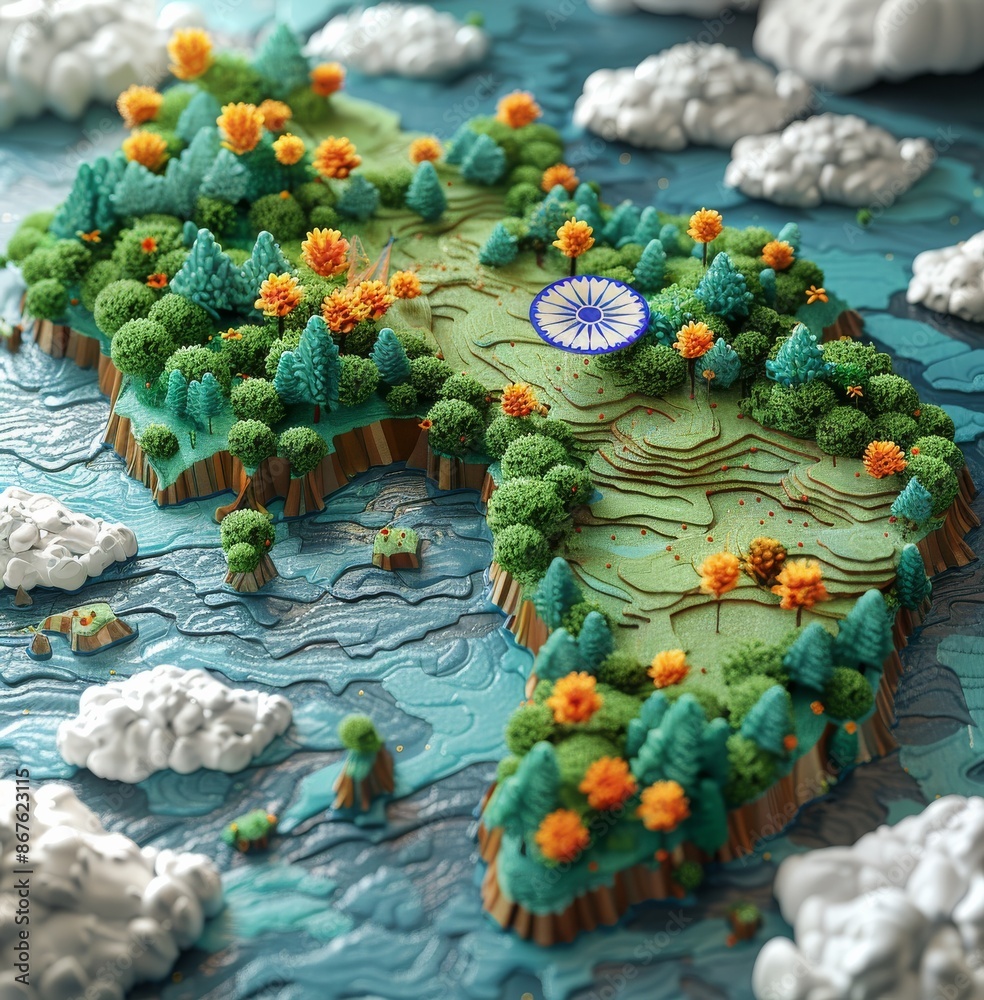 Colorful artistic 3D map of India with trees, flowers, and clouds ...