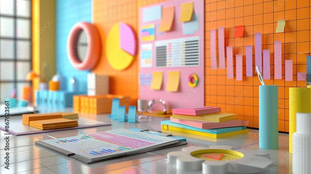 Business strategy board with sticky notes, charts, and graphs color ...