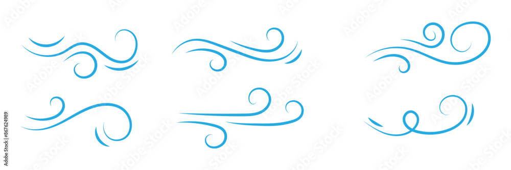 Doodle air wind motions, windy storm blows and hurricane flow waves and ...