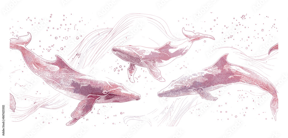 Whales in pink line style art background, vector animalistic banner for ...