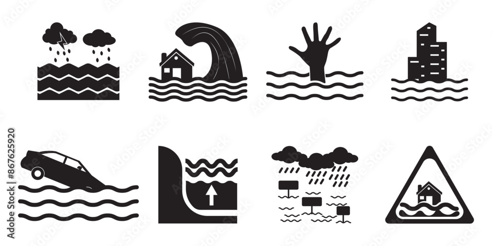 Flooding icon set. Flat monochrome icons set of various types of ...
