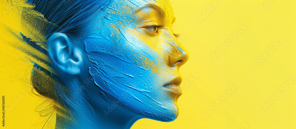 Beautiful Ukrainian woman face in blue and yellow color. Independence ...