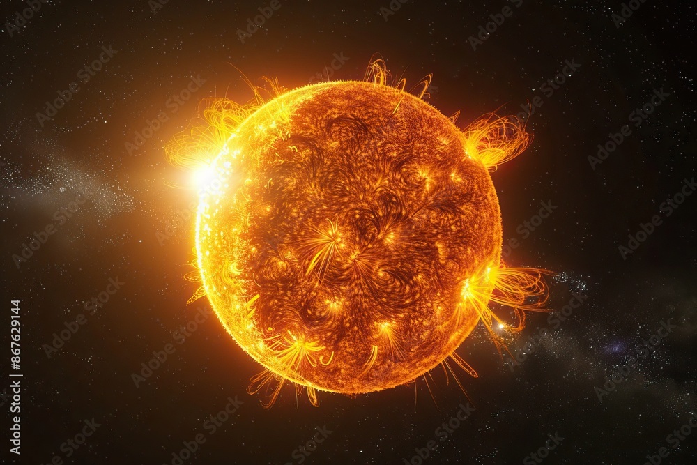 Bright glowing sun with solar flares and coronal mass ejections in ...