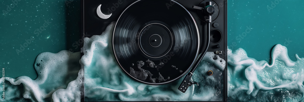 Vinyl Record Player with Ocean Waves and Starry Night Sky Background ...