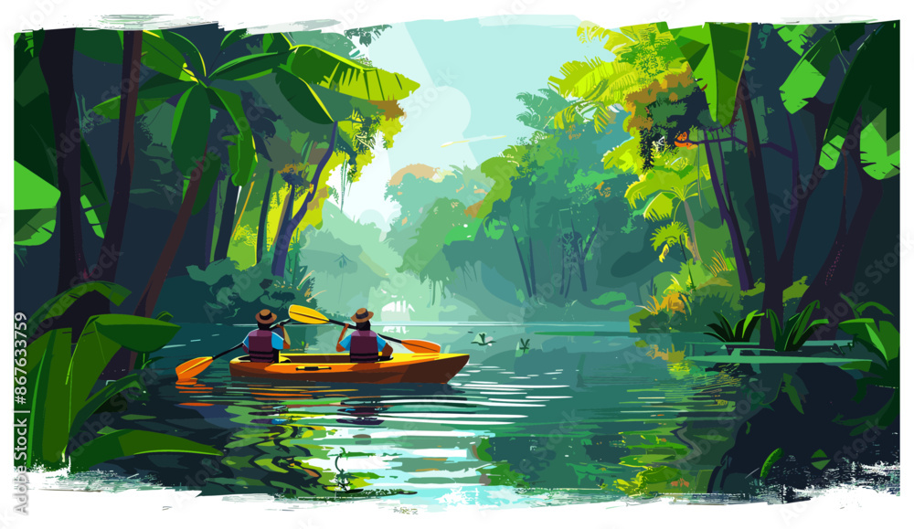Kayaking young people on tropical river, vector cartoon illustration of ...