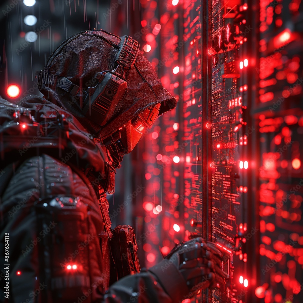 Cyberpunk Hacker in Dark Futuristic Environment, Clad in High-Tech Gear ...