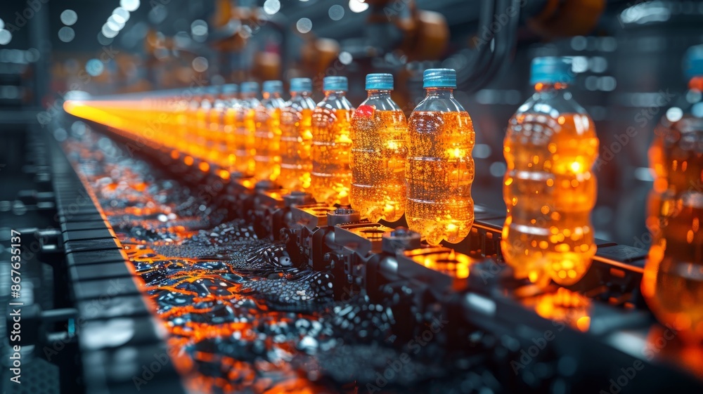 Row of Identical Plastic Bottles Filled with Orange Liquid on Assembly ...