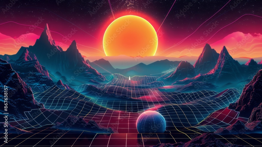 Retro neon synthwave arcade game background with techno mountain ...