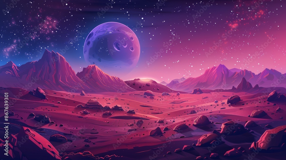 Futuristic space game background with fantasy alien planet, red sand ...