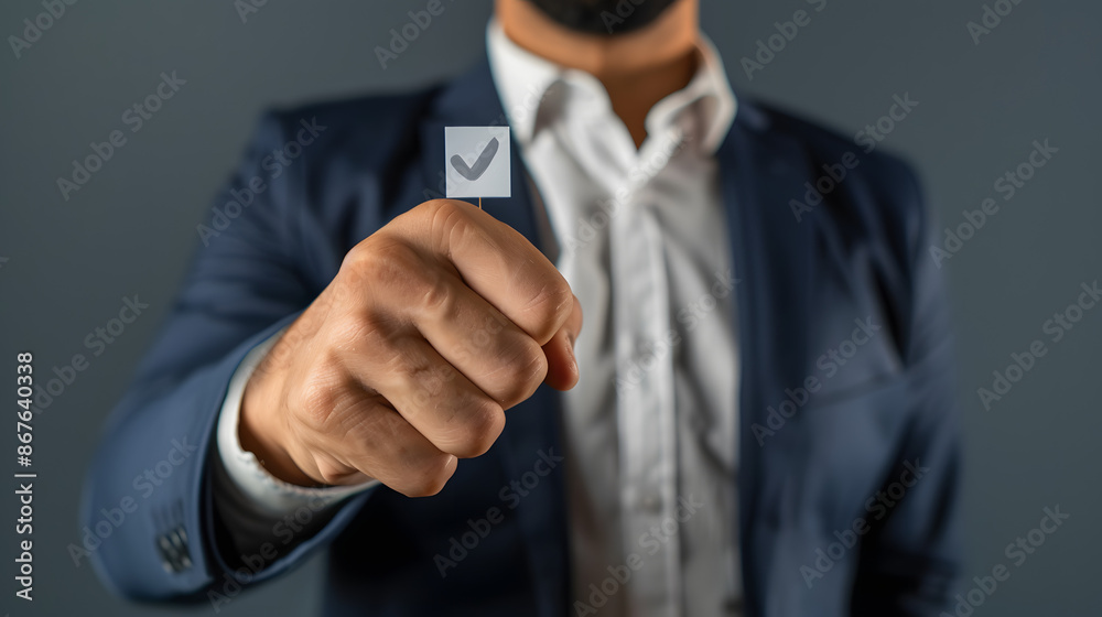 businessman making correct sign mark on checkboxes to approve corporate ...